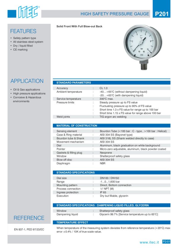 P201 HIGH SAFETY PRESSURE GAUGE Solid Front With Full Blow-out Back ...
