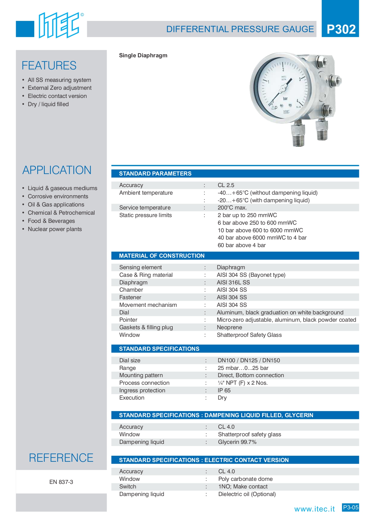 P302 DIFFERENTIAL PRESSURE GAUGE Single Diaphragm - reliancetechno