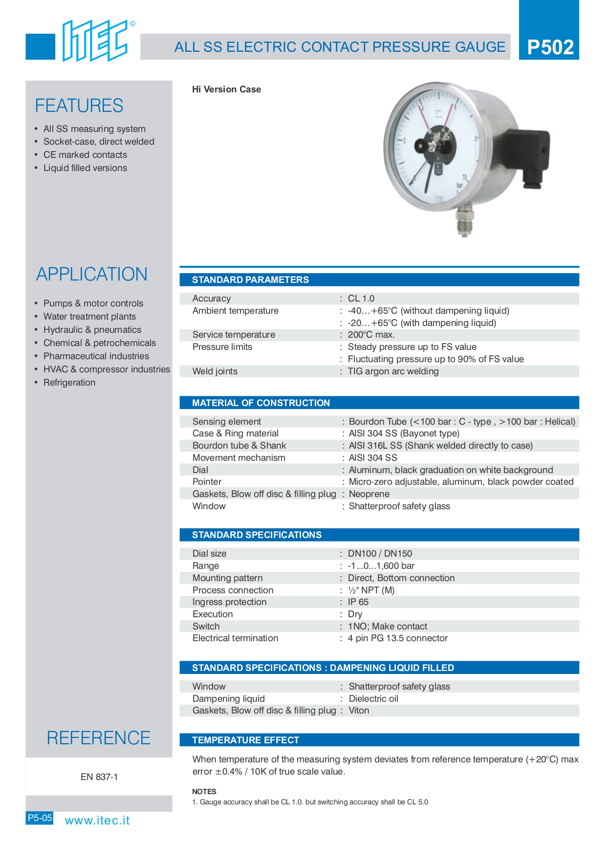 P502 ALL SS ELECTRIC CONTACT PRESSURE GAUGE Hi Version Case ...
