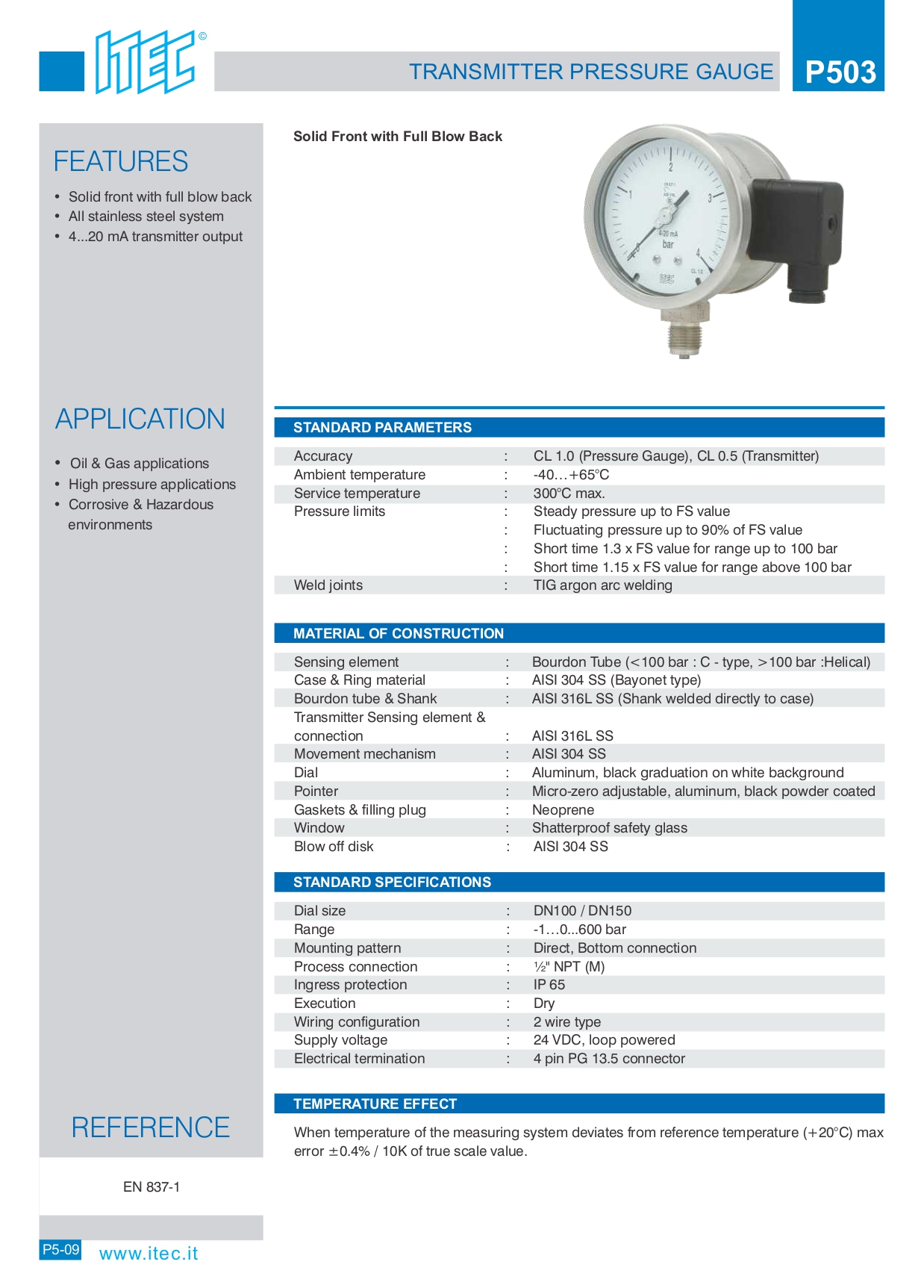 P503 TRANSMITTER PRESSURE GAUGE Solid Front with Full Blow Back ...
